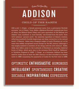 Addison Personalized Name Meaning Art Prints – Name Stories