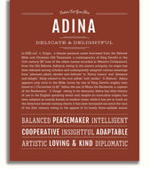 Adina Personalized Name Meaning Art Prints – Name Stories