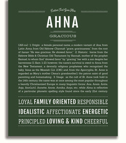 Ahna Personalized Name Meaning Art Prints – Name Stories