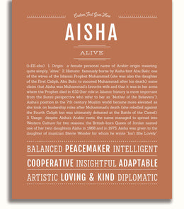 Aisha Personalized Name Meaning Art Prints – Name Stories