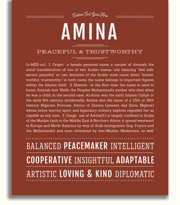 Amina Personalized Name Meaning Art Prints – Name Stories