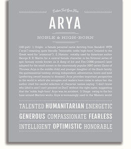 Arya Personalized Name Meaning Art Prints – Name Stories