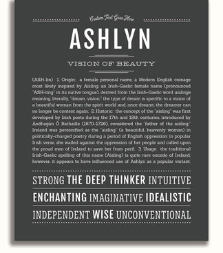 Ashlyn Personalized Name Meaning Art Prints – Name Stories