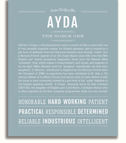 Ayda Personalized Name Meaning Art Prints – Name Stories