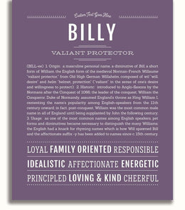 Billy Personalized Name Meaning Art Prints – Name Stories