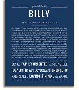 Billy Personalized Name Meaning Art Prints – Name Stories