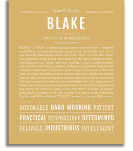 Blake Personalized Name Meaning Art Prints – Name Stories
