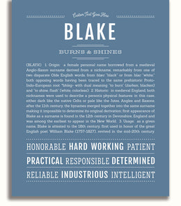 Blake Personalized Name Meaning Art Prints – Name Stories