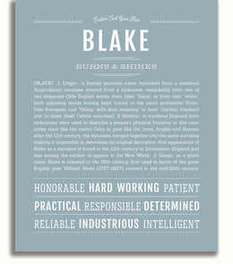 Blake Personalized Name Meaning Art Prints – Name Stories