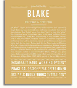 Blake Personalized Name Meaning Art Prints – Name Stories