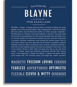 Blayne Personalized Name Meaning Art Prints – Name Stories