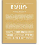 Braelyn Personalized Name Meaning Art Prints – Name Stories