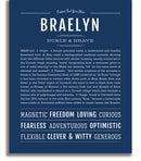 Braelyn Personalized Name Meaning Art Prints – Name Stories