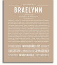 Braelynn Personalized Name Meaning Art Prints – Name Stories