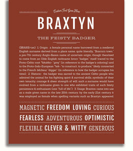 Braxtyn Personalized Name Meaning Art Prints – Name Stories