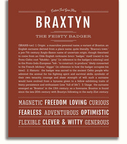 Braxtyn Personalized Name Meaning Art Prints – Name Stories