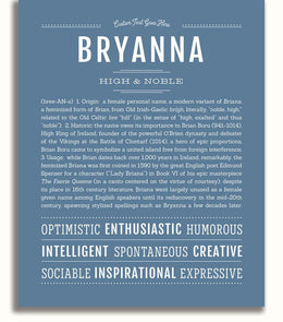 Bryanna Personalized Name Meaning Art Prints – Name Stories