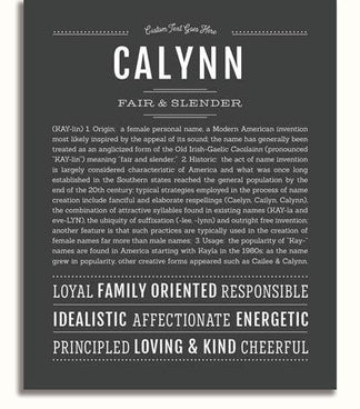Calynn Personalized Name Meaning Art Prints – Name Stories