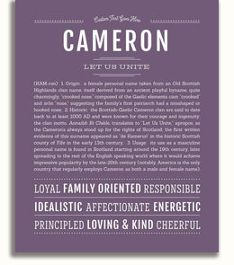 Cameron Personalized Name Meaning Art Prints – Name Stories