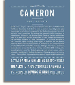 Cameron Personalized Name Meaning Art Prints – Name Stories