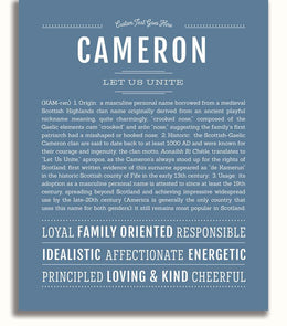 Cameron Personalized Name Meaning Art Prints – Name Stories
