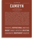 Camryn Personalized Name Meaning Art Prints – Name Stories