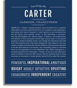 Carter Personalized Name Meaning Art Prints – Name Stories