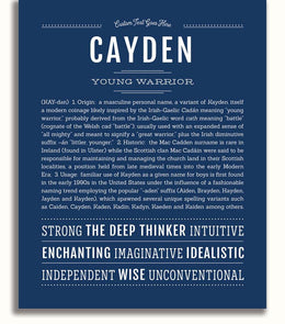 Cayden Personalized Name Meaning Art Prints – Name Stories
