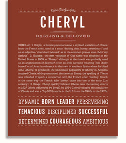 Cheryl Personalized Name Meaning Art Prints – Name Stories