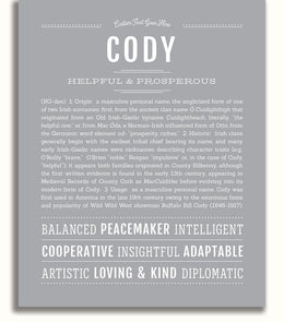 Cody Personalized Name Meaning Art Prints – Name Stories
