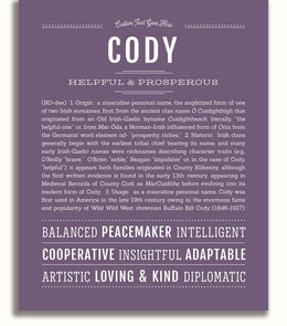 Cody Personalized Name Meaning Art Prints – Name Stories