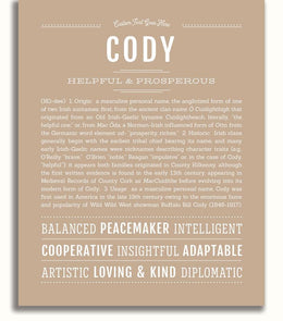Cody Personalized Name Meaning Art Prints – Name Stories