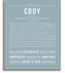 Cody Personalized Name Meaning Art Prints – Name Stories