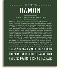 Damon Personalized Name Meaning Art Prints – Name Stories