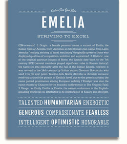 Emelia Personalized Name Meaning Art Prints – Name Stories