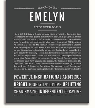 Emelyn Personalized Name Meaning Art Prints – Name Stories