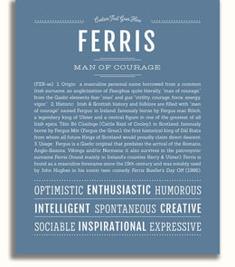 Ferris Personalized Name Meaning Art Prints – Name Stories