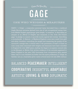 Gage Personalized Name Meaning Art Prints – Name Stories