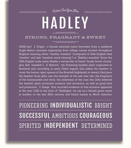 Hadley Personalized Name Meaning Art Prints – Name Stories