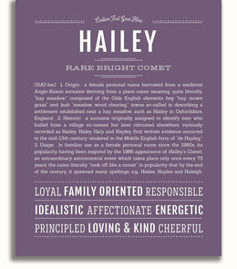 Hailey Personalized Name Meaning Art Prints – Name Stories