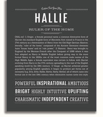 Hallie Personalized Name Meaning Art Prints – Name Stories