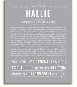 Hallie Personalized Name Meaning Art Prints – Name Stories