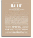 Hallie Personalized Name Meaning Art Prints – Name Stories