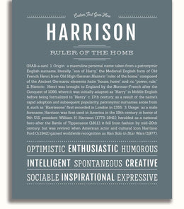 Harrison Personalized Name Meaning Art Prints – Name Stories