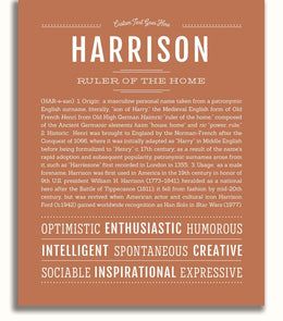 Harrison Personalized Name Meaning Art Prints – Name Stories