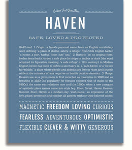 Haven Personalized Name Meaning Art Prints – Name Stories