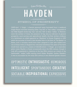 Hayden Personalized Name Meaning Art Prints – Name Stories
