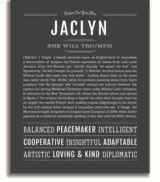 Jaclyn Personalized Name Meaning Art Prints – Name Stories