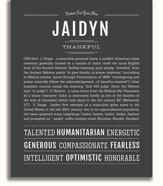 Jaidyn Personalized Name Meaning Art Prints – Name Stories