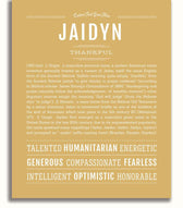Jaidyn Personalized Name Meaning Art Prints – Name Stories